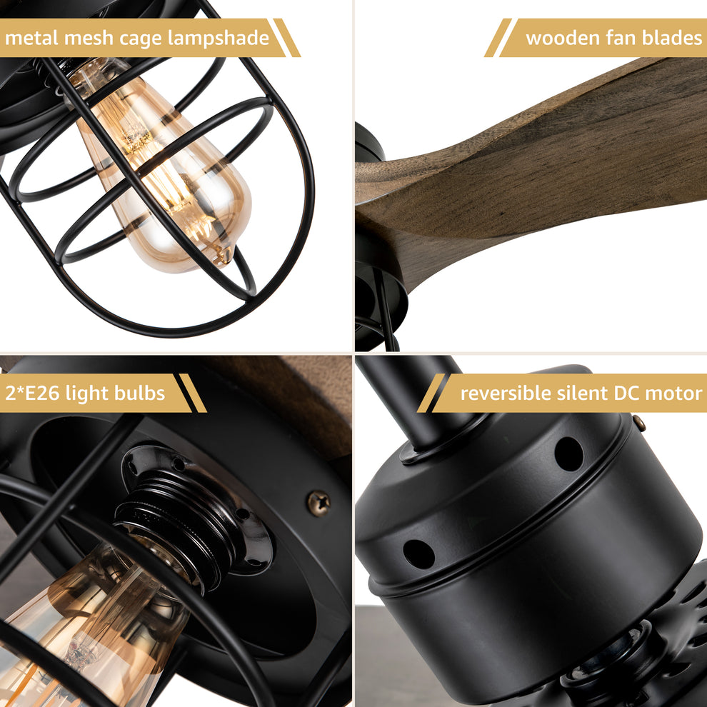 WWM 52 Inch Rustic Outdoor Ceiling Fan with Light and Remote,Wood Ceil